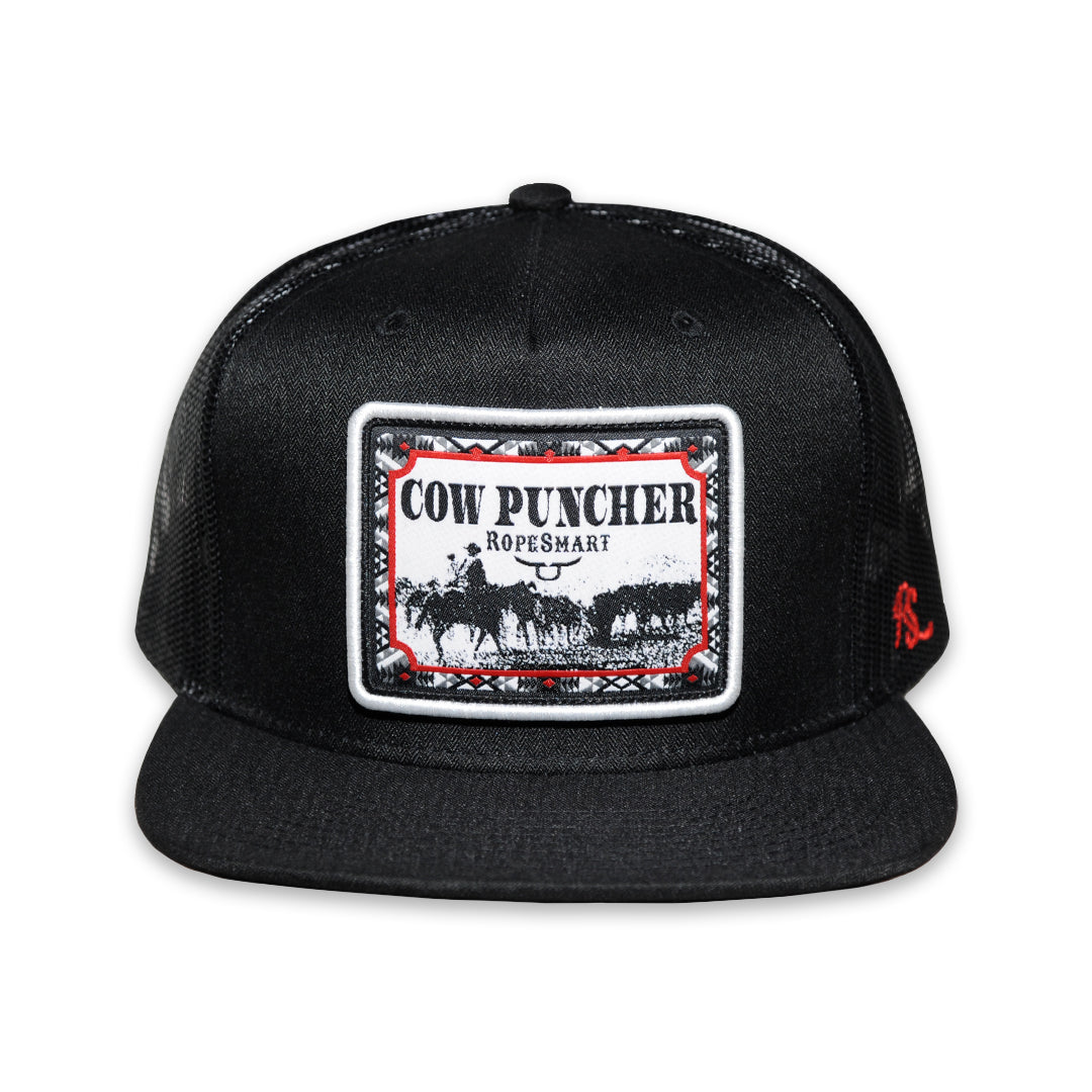 RopeSmart Red Cow Puncher Patch Black Trucker Cap – Cowboy Headquarters