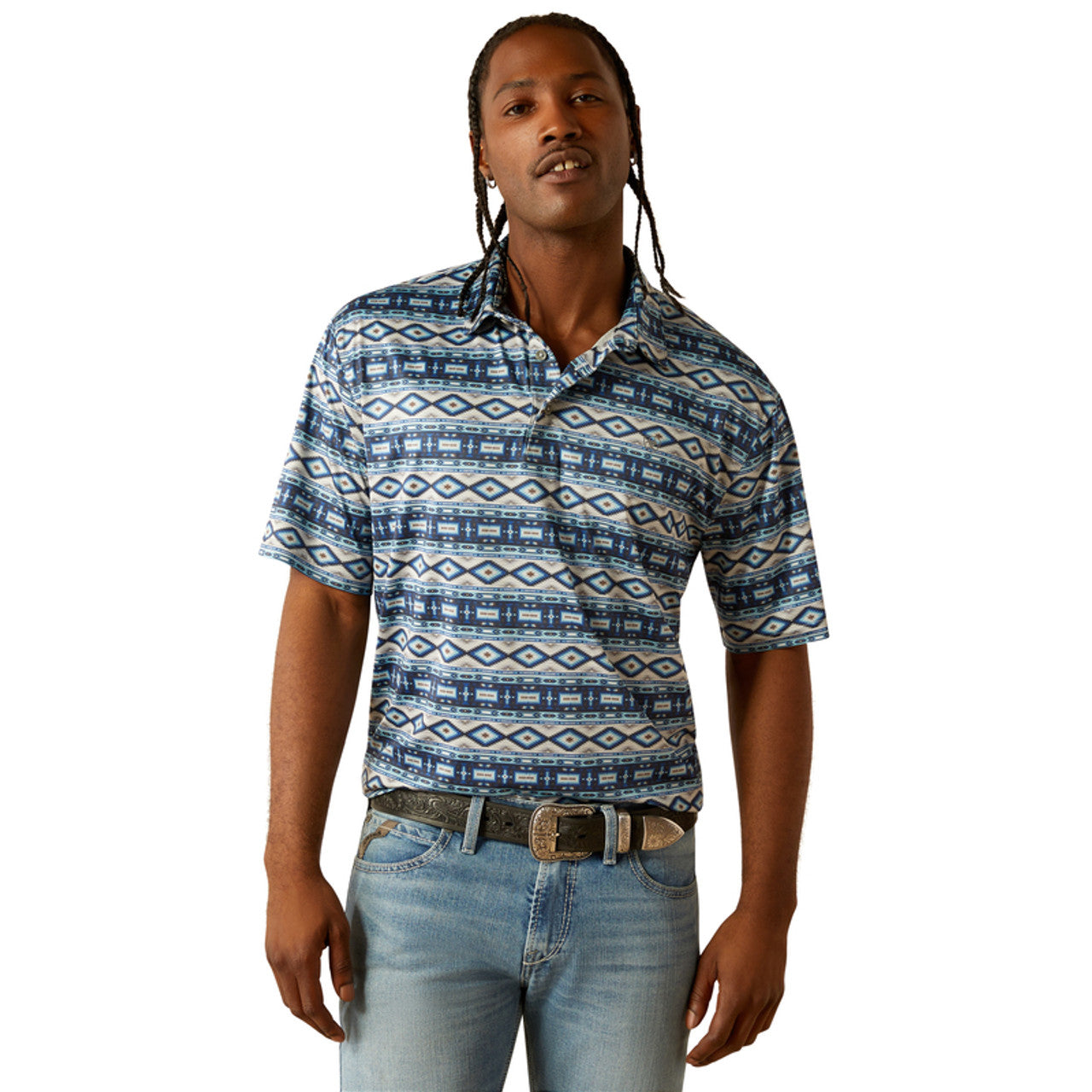 Ariat VentTEK Charger Grey Sky & Blue Southwest Print Polo Shirt ...